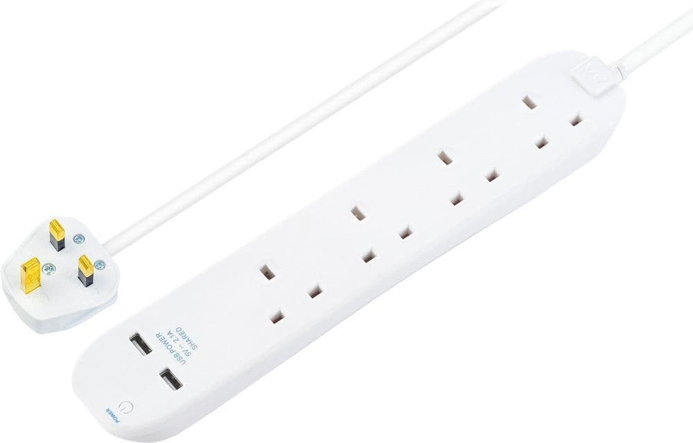 Masterplug 4 Gang Extension Lead With 2 x USB & 1m Cable - 13 amp