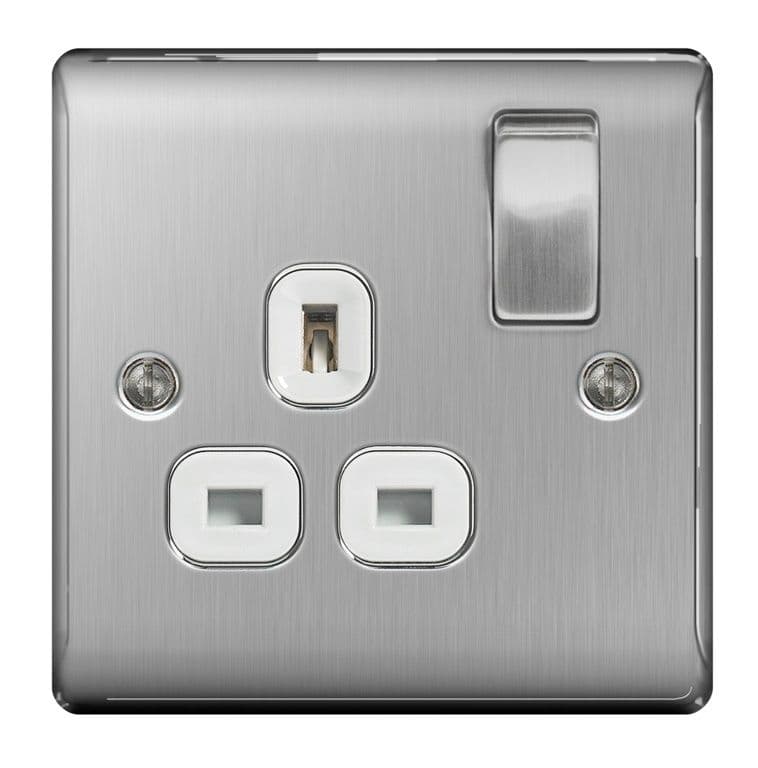 NEXUS Brushed Steel Switched Socket 13a White Inset - 1 Gang